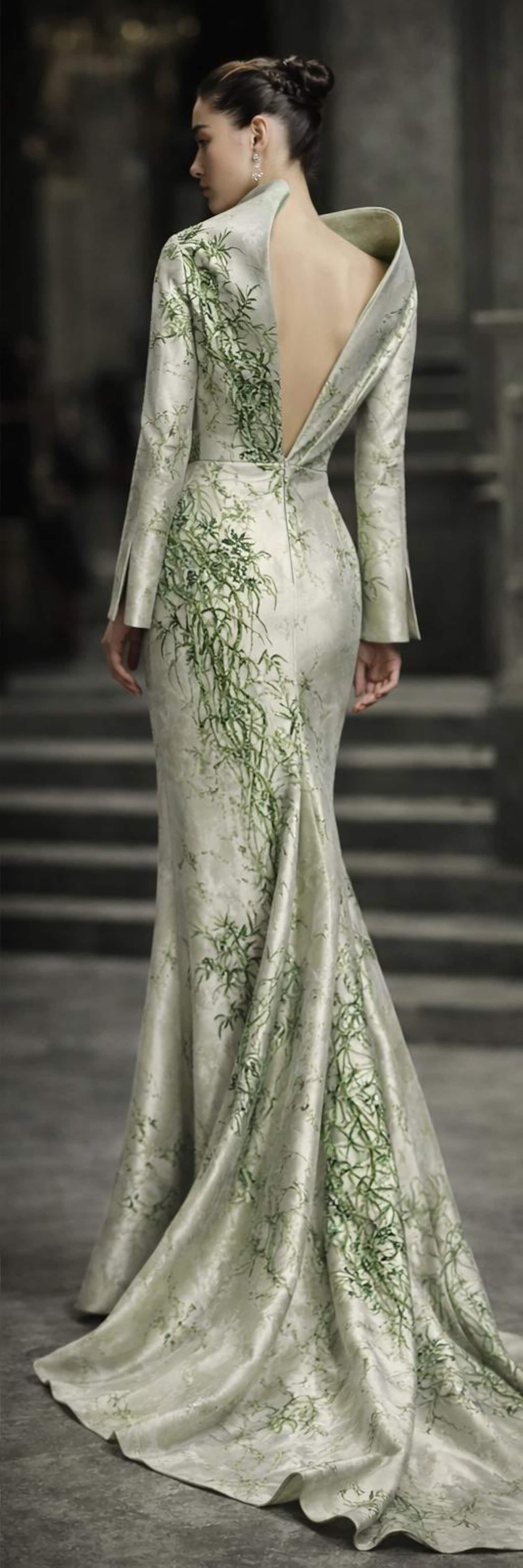 Emerald Bamboo Jacquard Gown – Neo Chinese Couture Evening Dress - Etsy