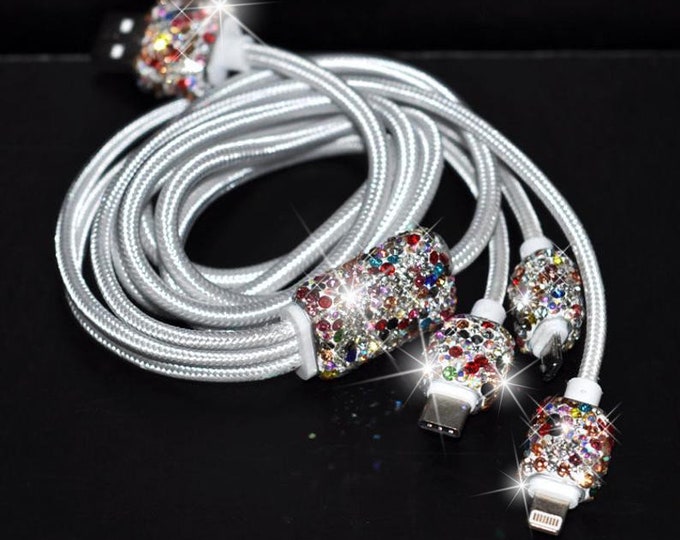 Bling Bedazzled Mobile Phone Data Charging Cable 3 in 1 Lightning, USB ...