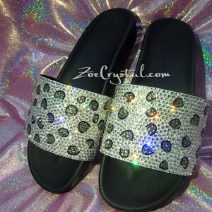 NEW Bling Bedazzled SANDALS SLIDES Slippers With Snow Leopard Print ...