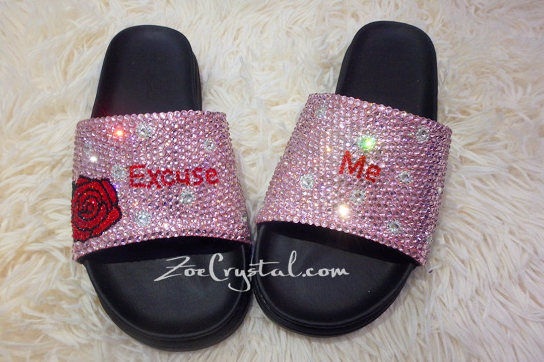 Customized Bling Bedazzled SANDALS / SLIDES / Slippers With Rose and ...