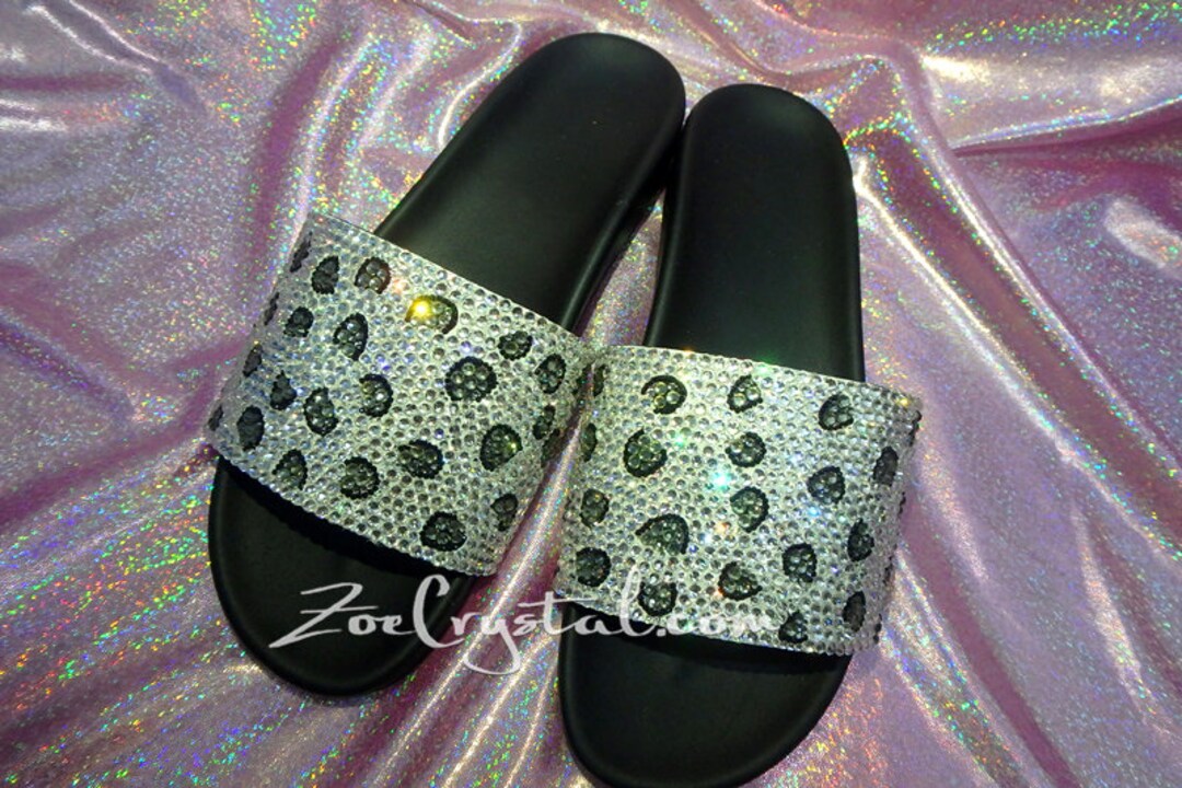 NEW Bling Bedazzled SANDALS SLIDES Slippers With Snow Leopard Print ...