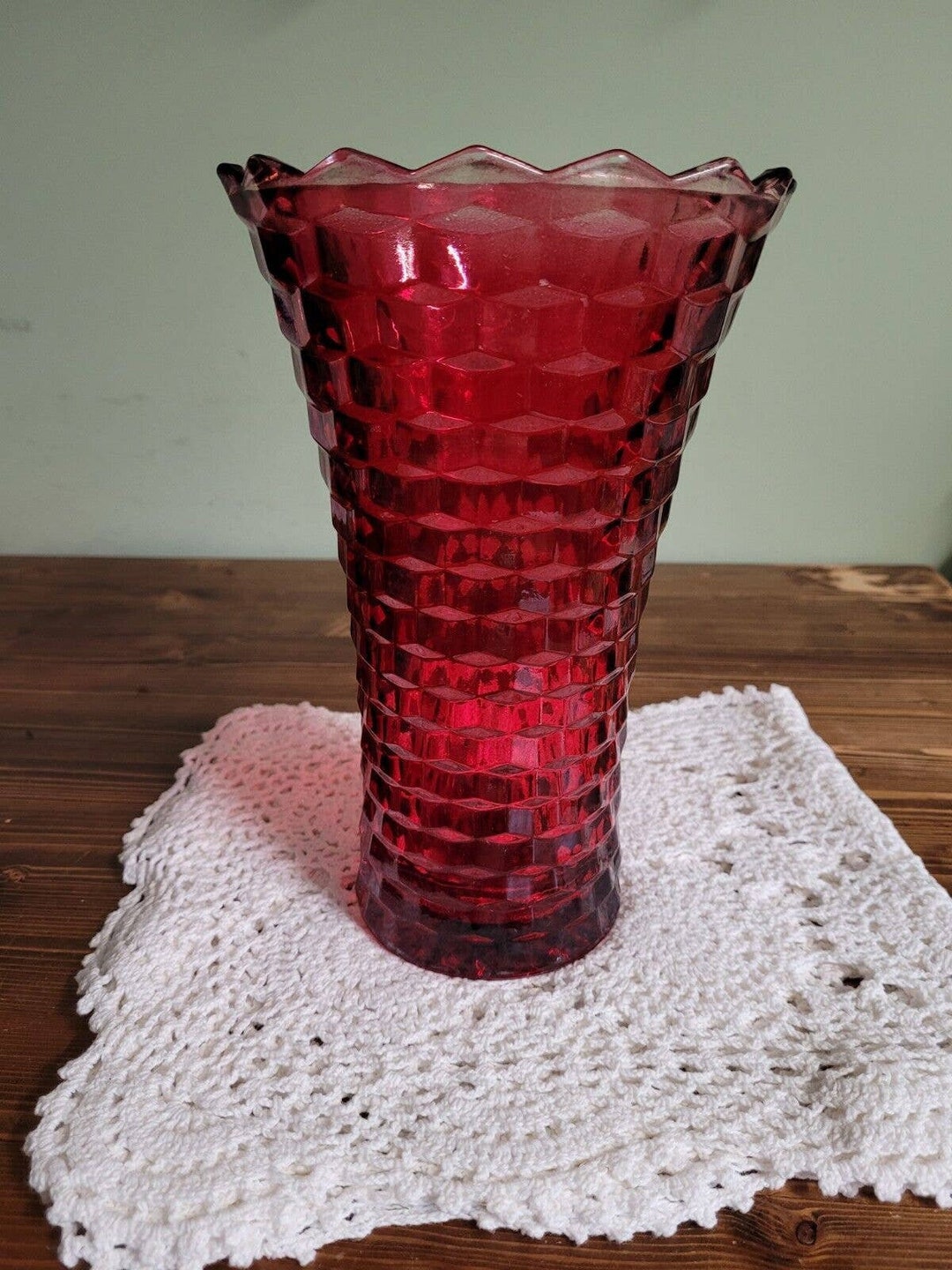 Vintage Indiana Ruby Red Glass Cubist Colony Whitehall Vase Flared ...