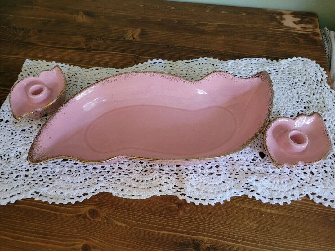 Vintage Gilner USA Pottery Pink and Gold Console Bowl and Candle ...
