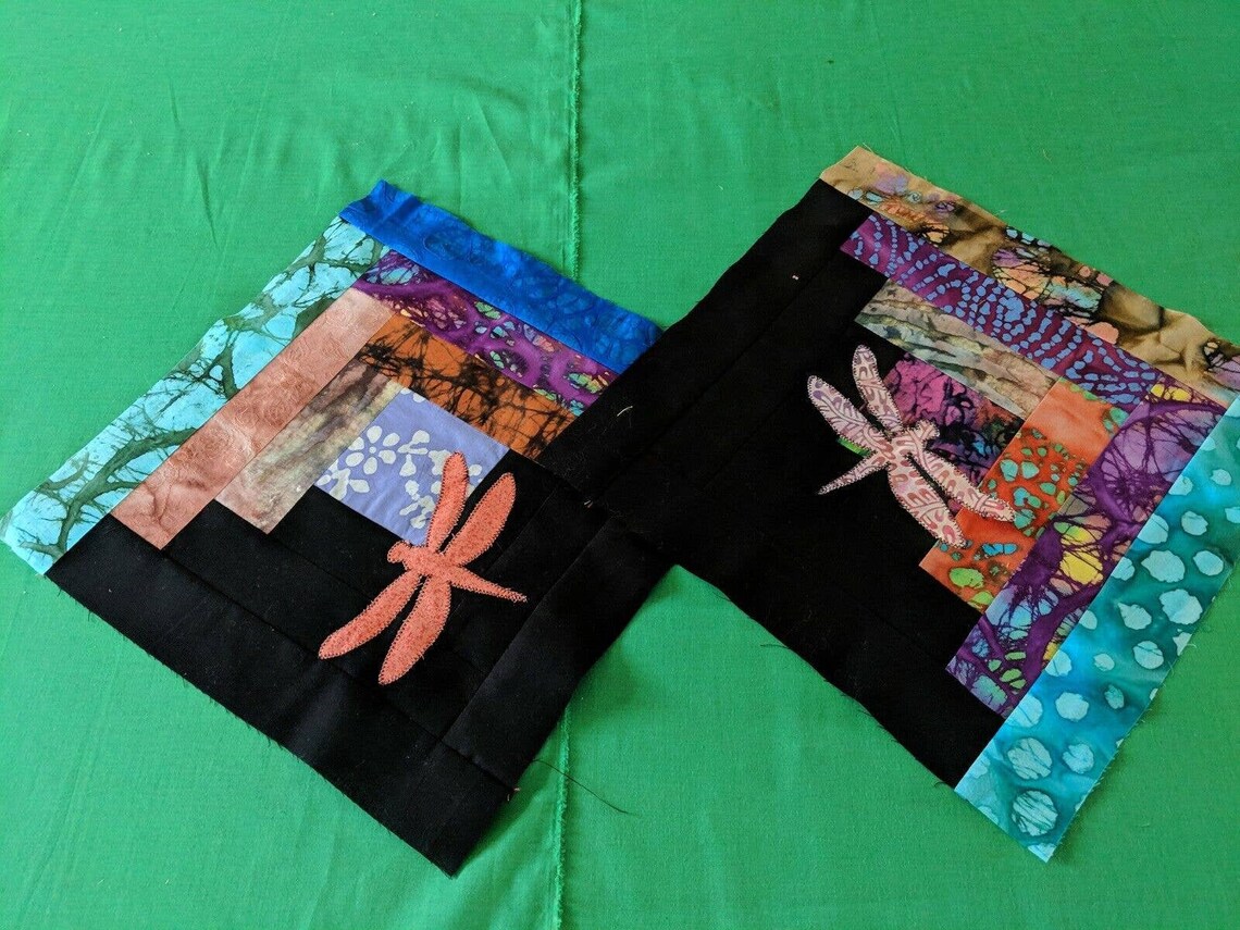 Dragonfly Appliqued Batik Log Cabin Quilt Blocks Set of 12 - Etsy