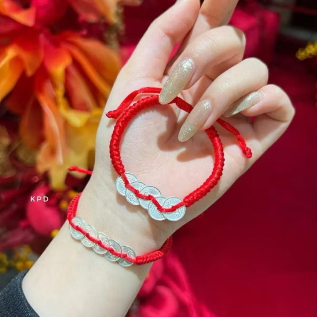 Red String Bracelet With Five Lucky Coins, Made of 925 Sterling Silver ...