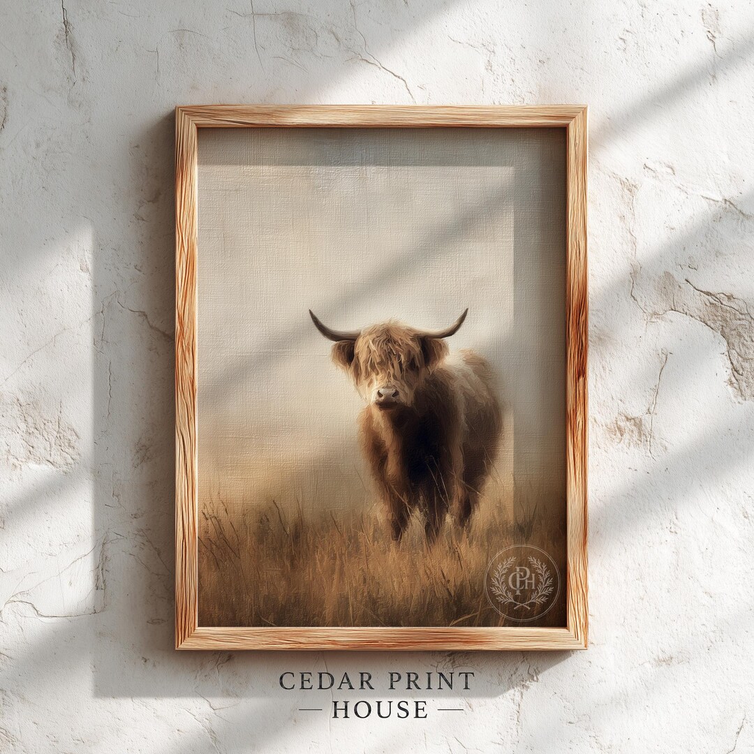 Rustic Highland Cow Painting Printable - Cozy Farmhouse Wall Art, Moody ...