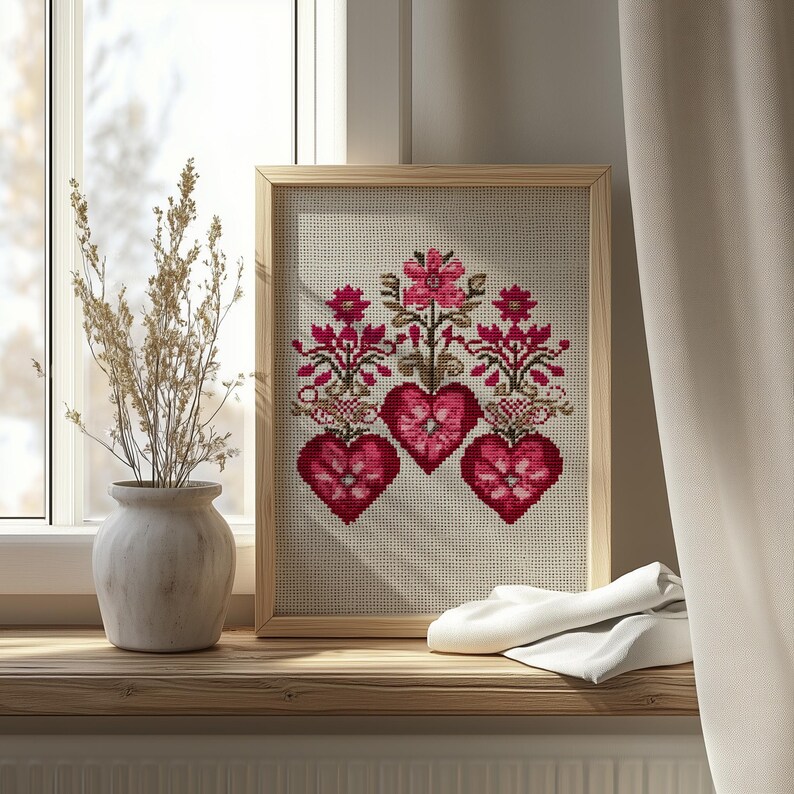 Faux Cross-stitch Heart Digital Art Print, Folk Art, Romantic Valentine ...