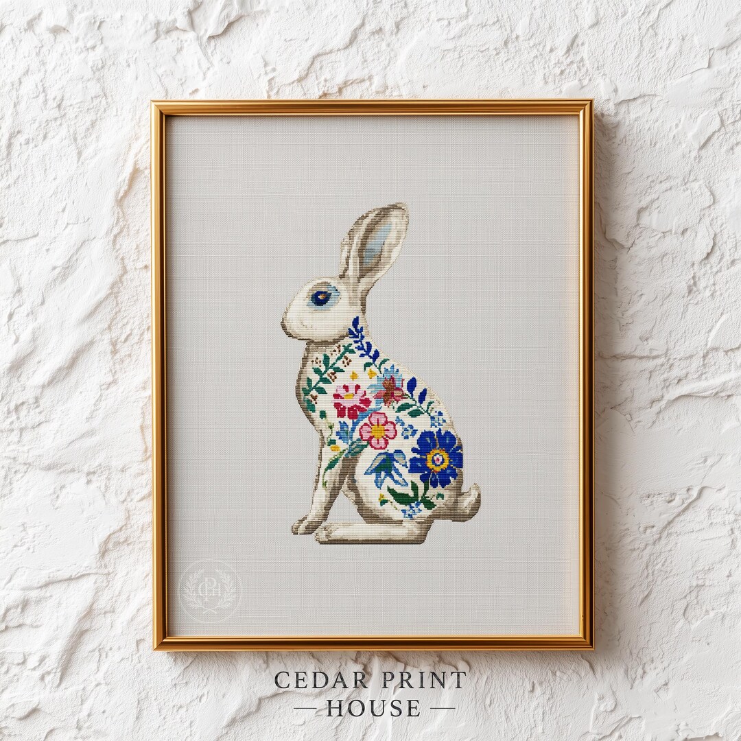 Faux Needlepoint Rabbit Art Printable, Cottagecore Easter Wall Art Folk ...