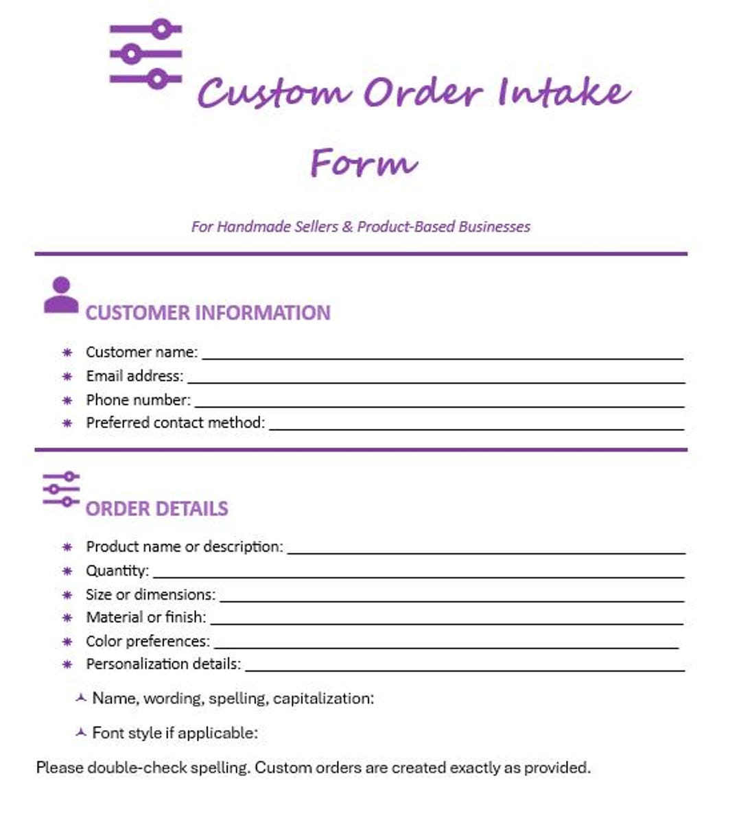 Custom Order Intake Form for Handmade Sellers - Etsy