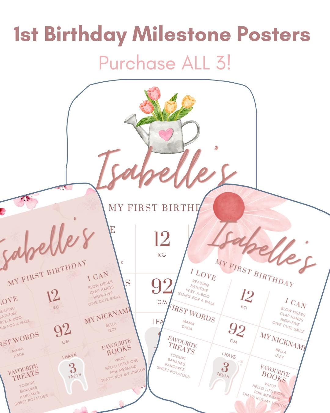 Editable Floral Baby Milestone Templates – Set of 3, Soft Pink | Baby ...