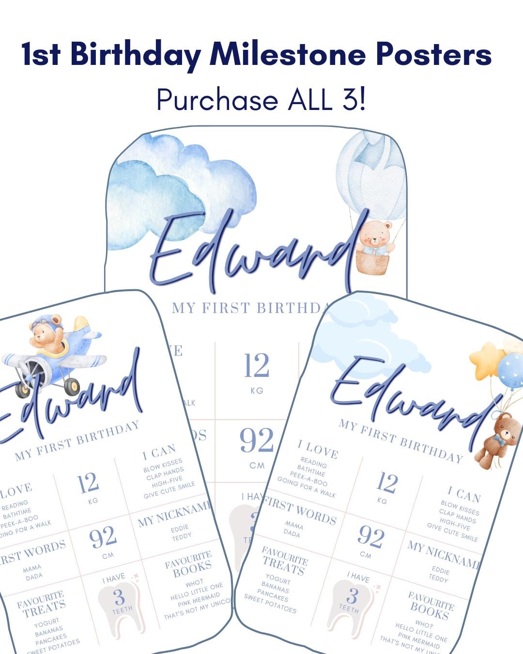 EDITABLE Baby Boy Milestone Templates – Set of 3, First Birthday ...