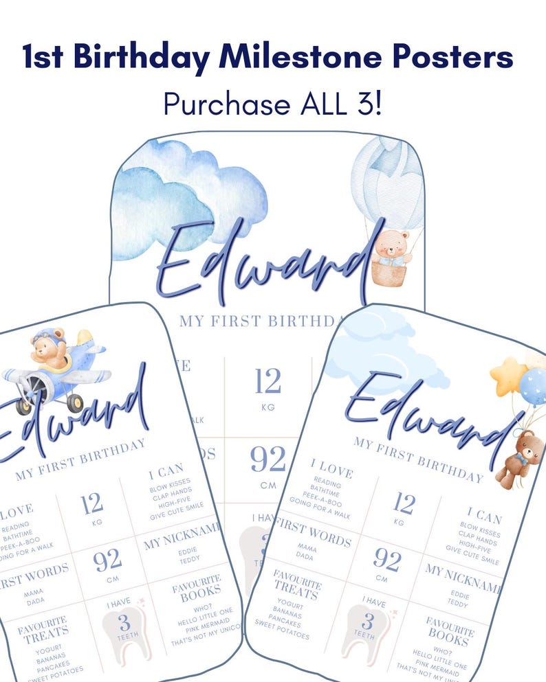 EDITABLE Baby Boy Milestone Templates – Set of 3, First Birthday ...