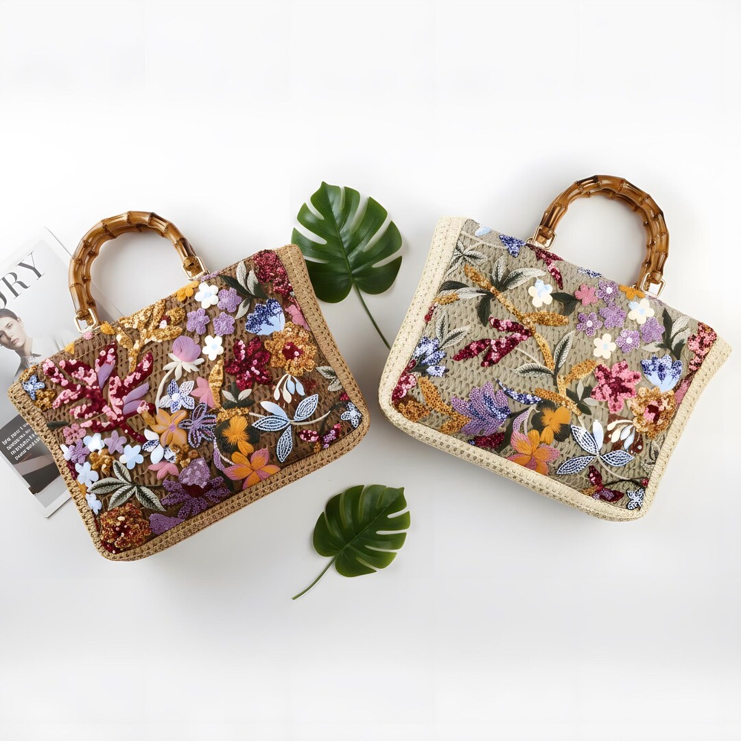 Floral Embroidery Straw Beach Bag, Sequin Shoulder Handbag - Etsy