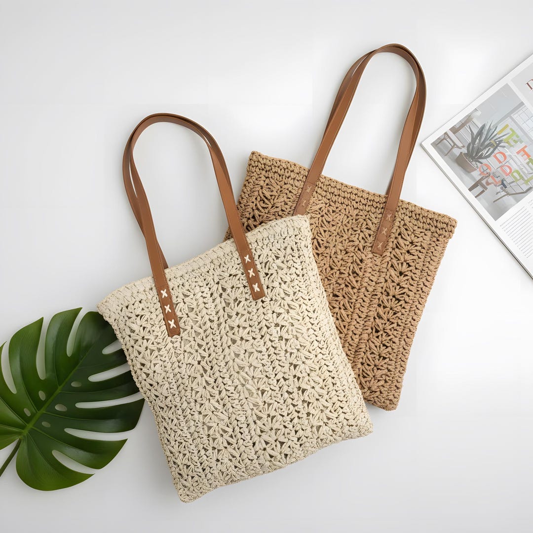 Women’s Handmade Straw Tote Square Beach Bag Woven Rattan Boho Shoulder ...