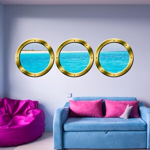 Beach Wall Decal Cruise Ship Porthole Windows Beach Wall Mural Stickers ...