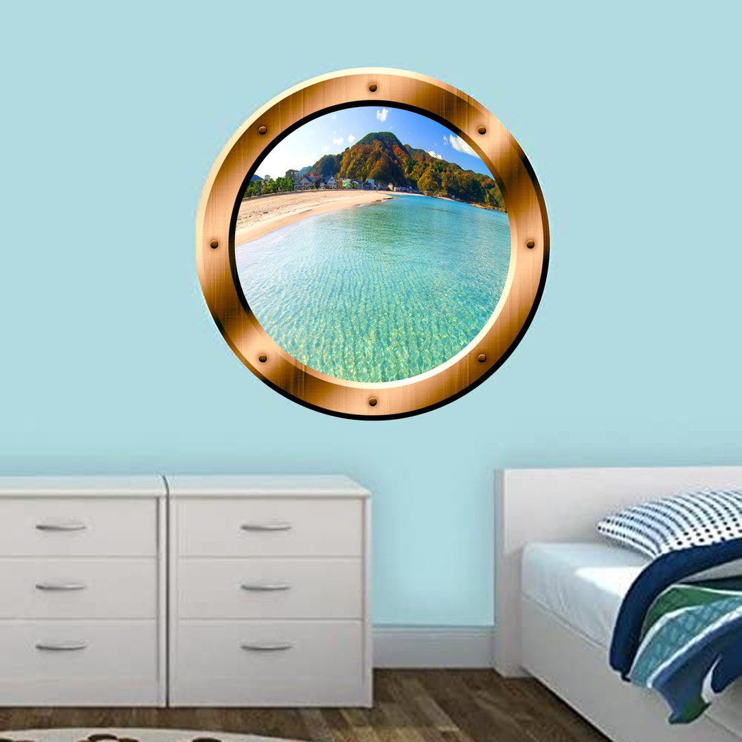 Mountain Beach Wall Decal Fake Ship Window Ocean Porthole View - Peel ...