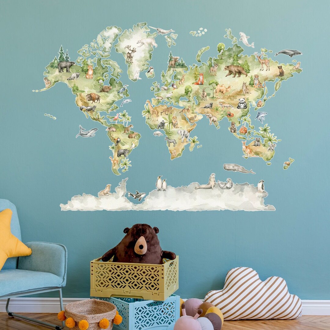 World Map With Animals Vinyl Wall Decal Kids Room Decor Nursery Sticker ...