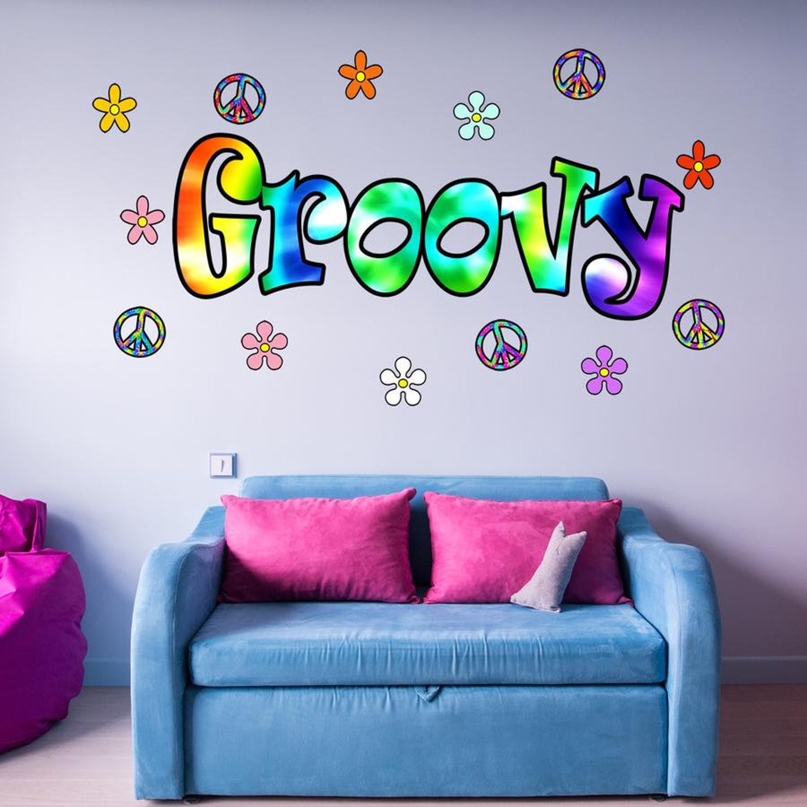 VWAQ Groovy Retro Flowers Wall Decal - Vintage Hippie Love Sticker Pack ...