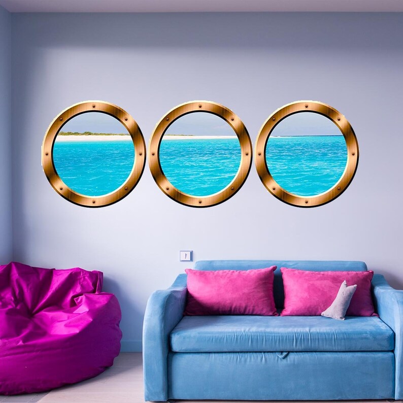 Beach Wall Decal Cruise Ship Porthole Windows Beach Wall Mural Stickers ...