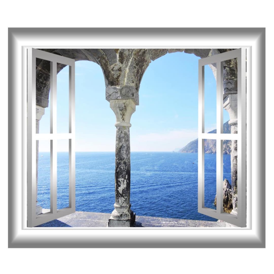 Mediterranean Ocean 3D Window Frame Wall Decal Greece Ocean View Wall ...