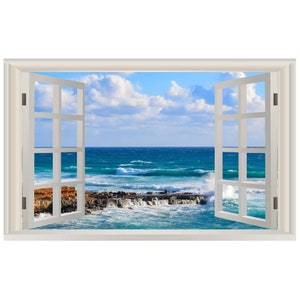 Beach Wall Decal Ocean - 3D Beach View Window Mural Sticker - Peel and ...