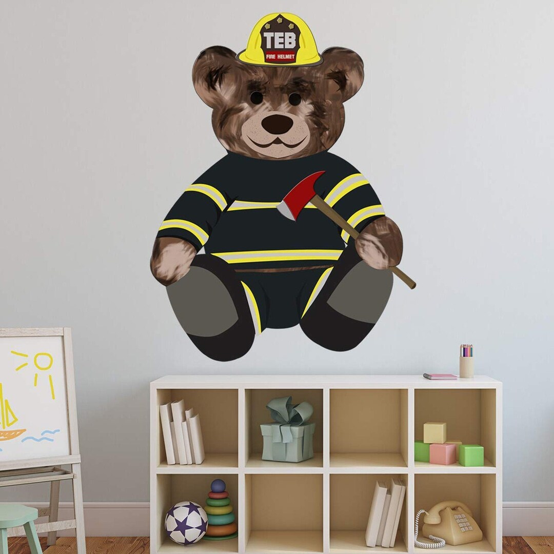 Firefighter Teddy Bear Wall Decal - Fireman Bedroom Sticker Kids Decor ...