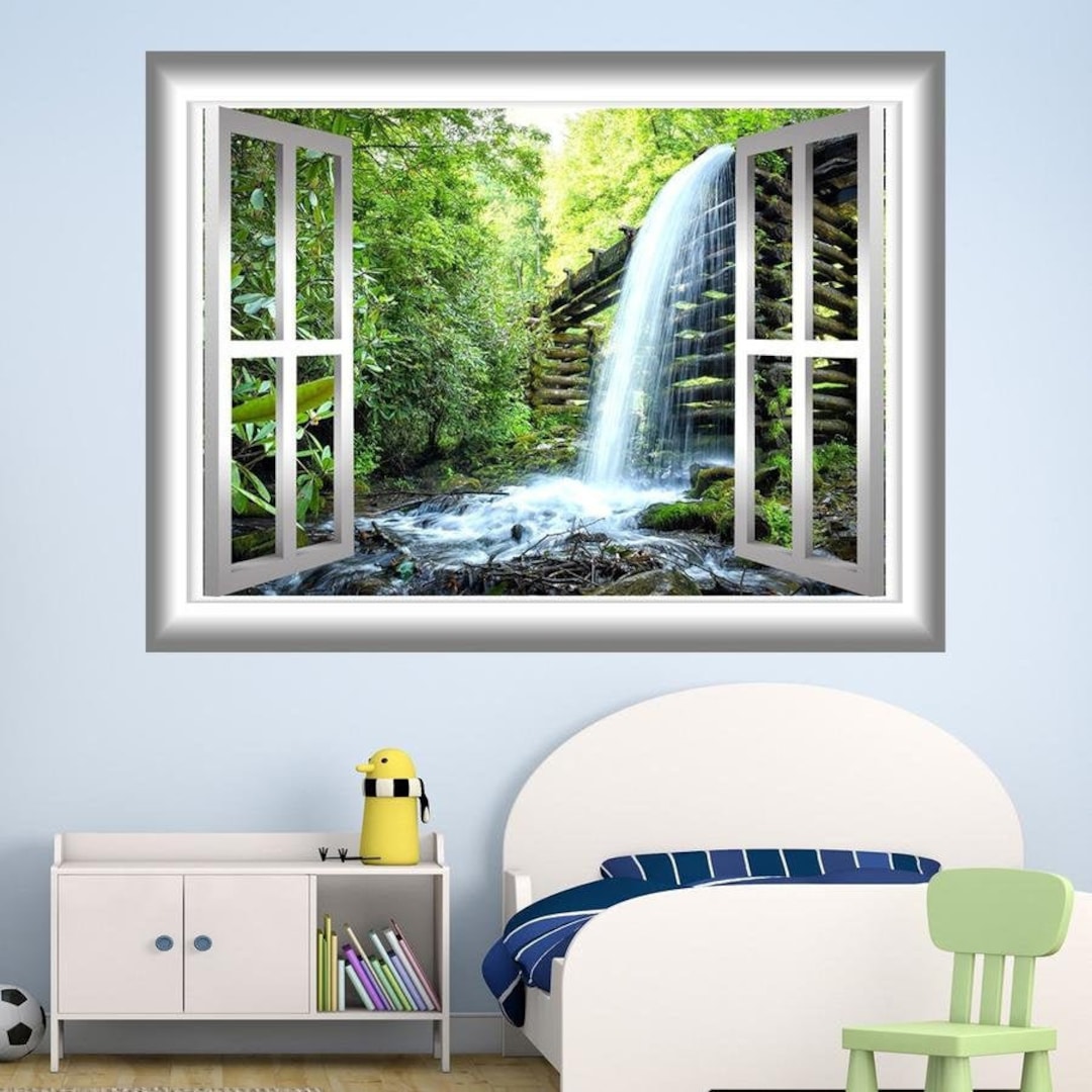 Waterfall 3D Wall Decal Window Frame Beautiful Scene Peel & Stick Easy ...