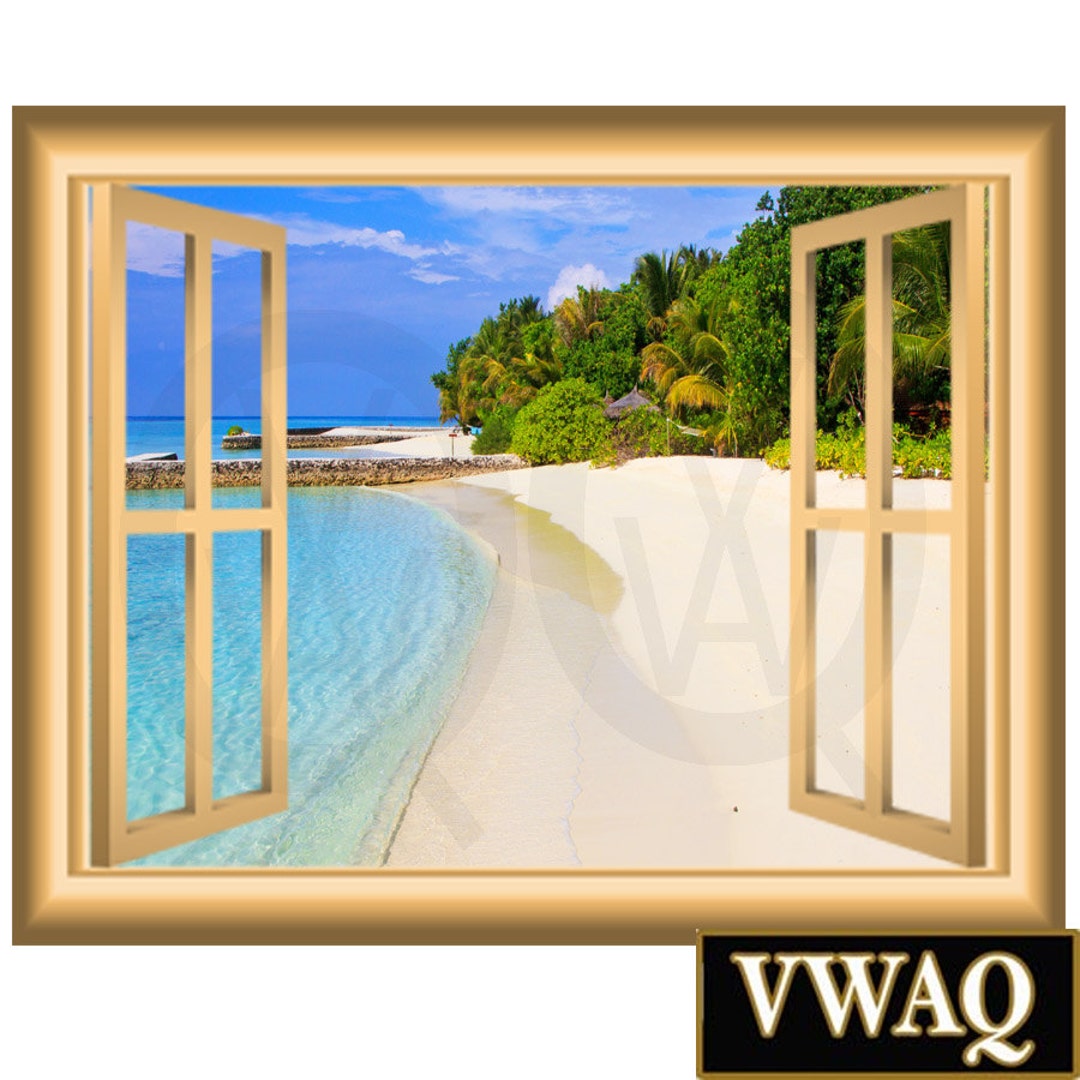 3D Window Frame Sandy Beach Vinyl Decal Beach Scene Family Wall Art ...