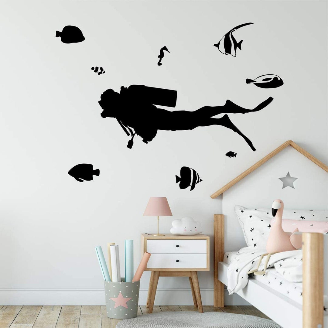 Scuba Diver Wall Decals Ocean Theme Vinyl Stickers Fish Underwater Room ...