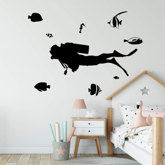 Scuba Diver Wall Decals Ocean Theme Vinyl Stickers Fish | Etsy