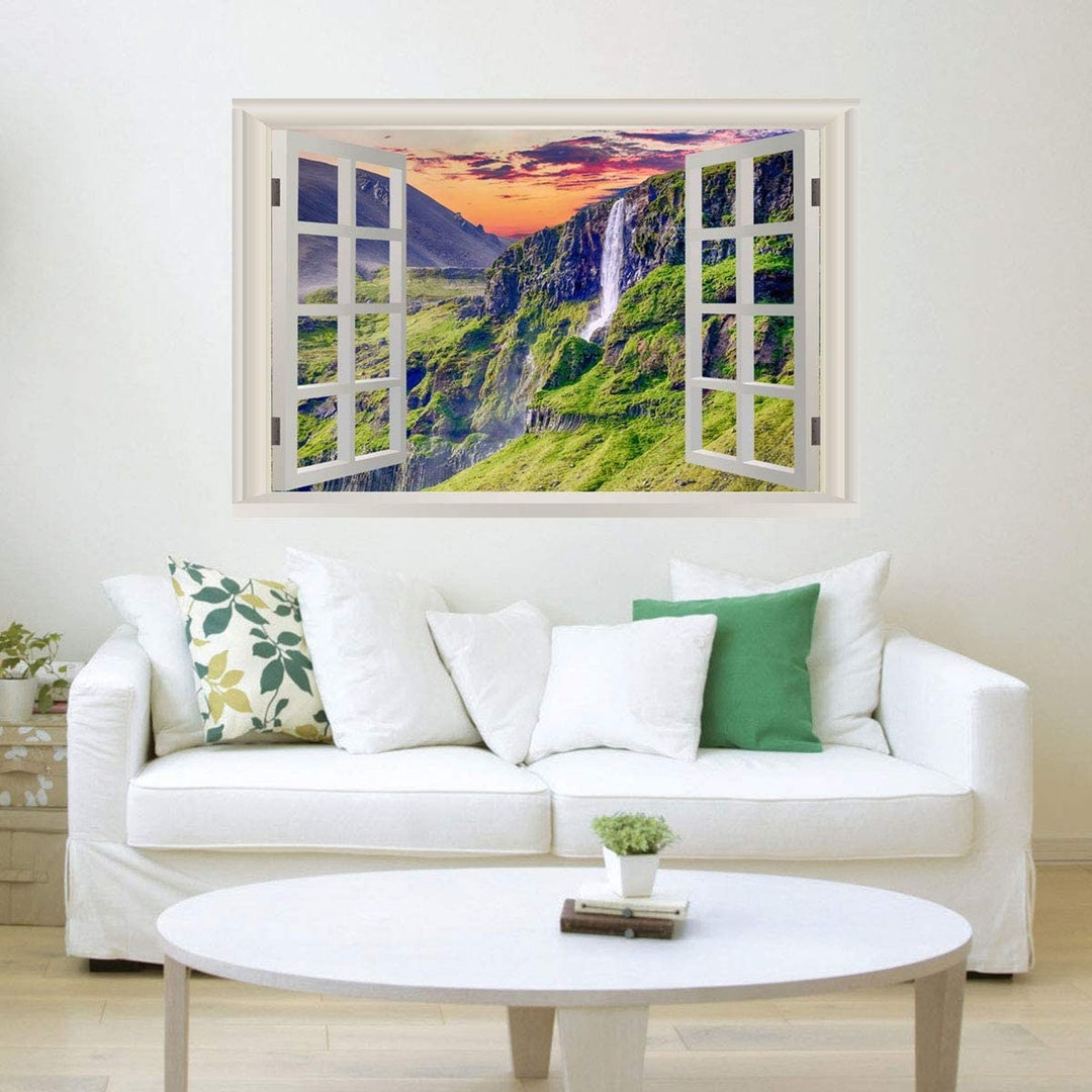 Scenic Art Waterfall Fake Window Wallpaper Mountain Decal - Peel and ...