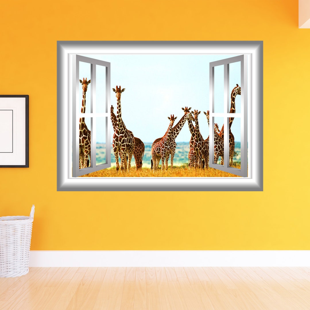3D Window Frame Wall Decal – Giraffes African Safari Scene – Peel and ...