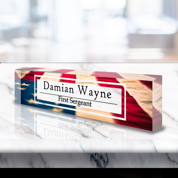 Personalized USA Flag Name Plate For Desk Patriotic Clear