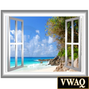 Beach Wall Decal Coastline 3D Beach Wall Mural Window Frame Vinyl Decal ...