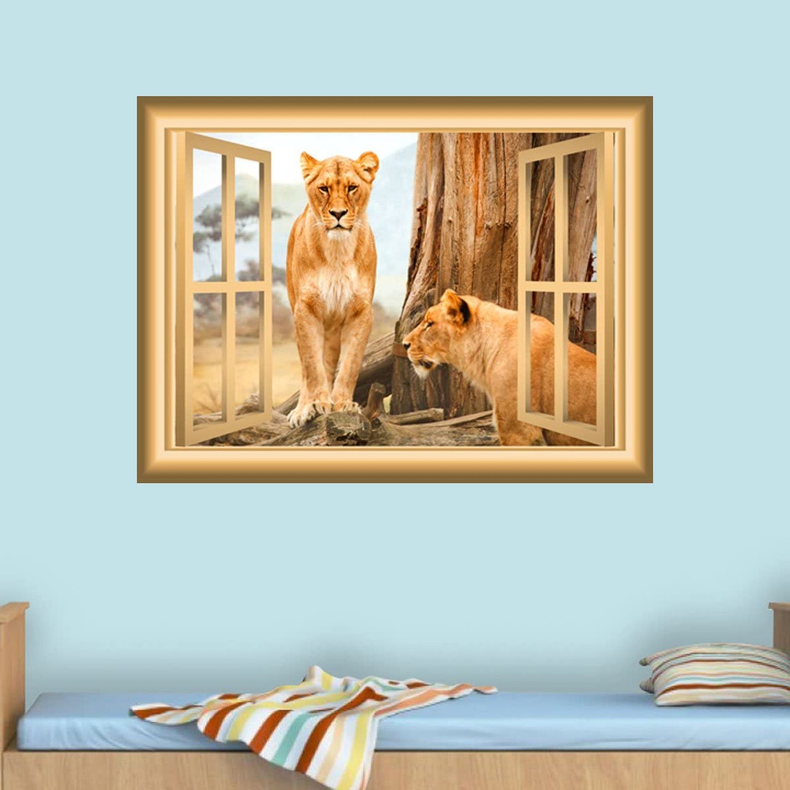 Lions Safari Wall Art 3D Window Frame Decal Animals Home Décor Wall ...