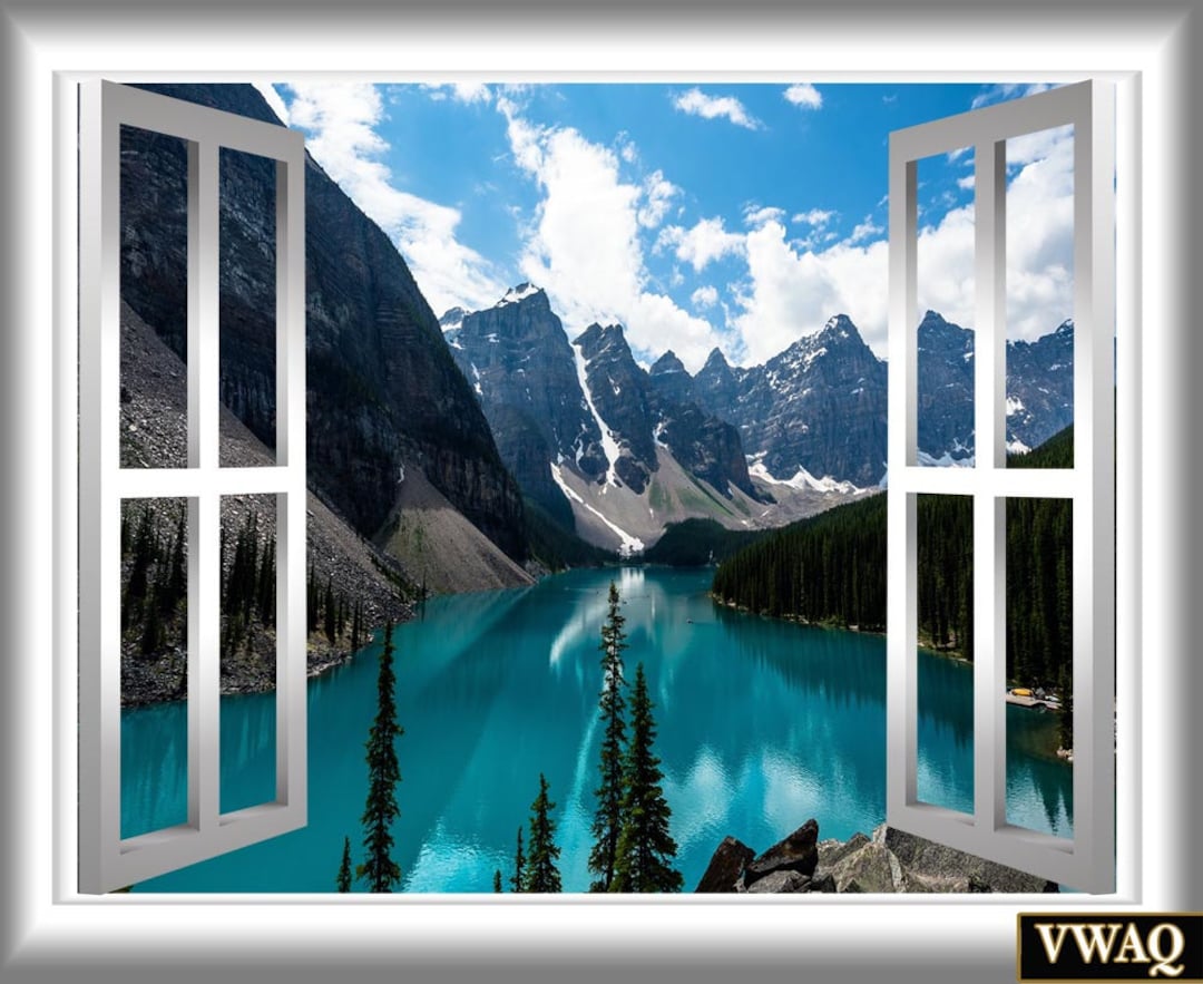 Window Mural Mountain View 3D Vinyl Wall Decal Ocean Window Frame Wall ...