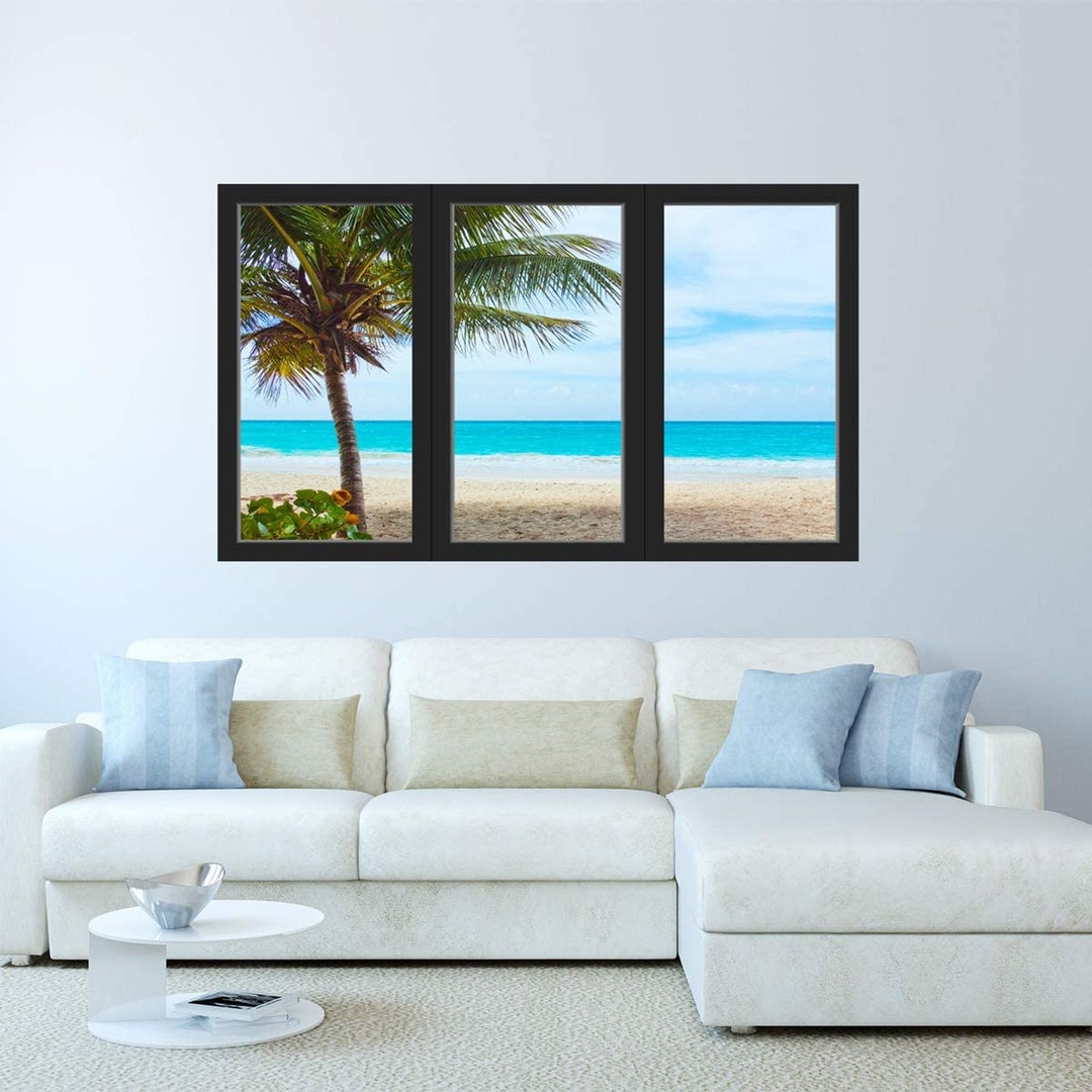 Beach Wall Decal Ocean - 3D Office Window Ocean Beach Wall Art Decal ...