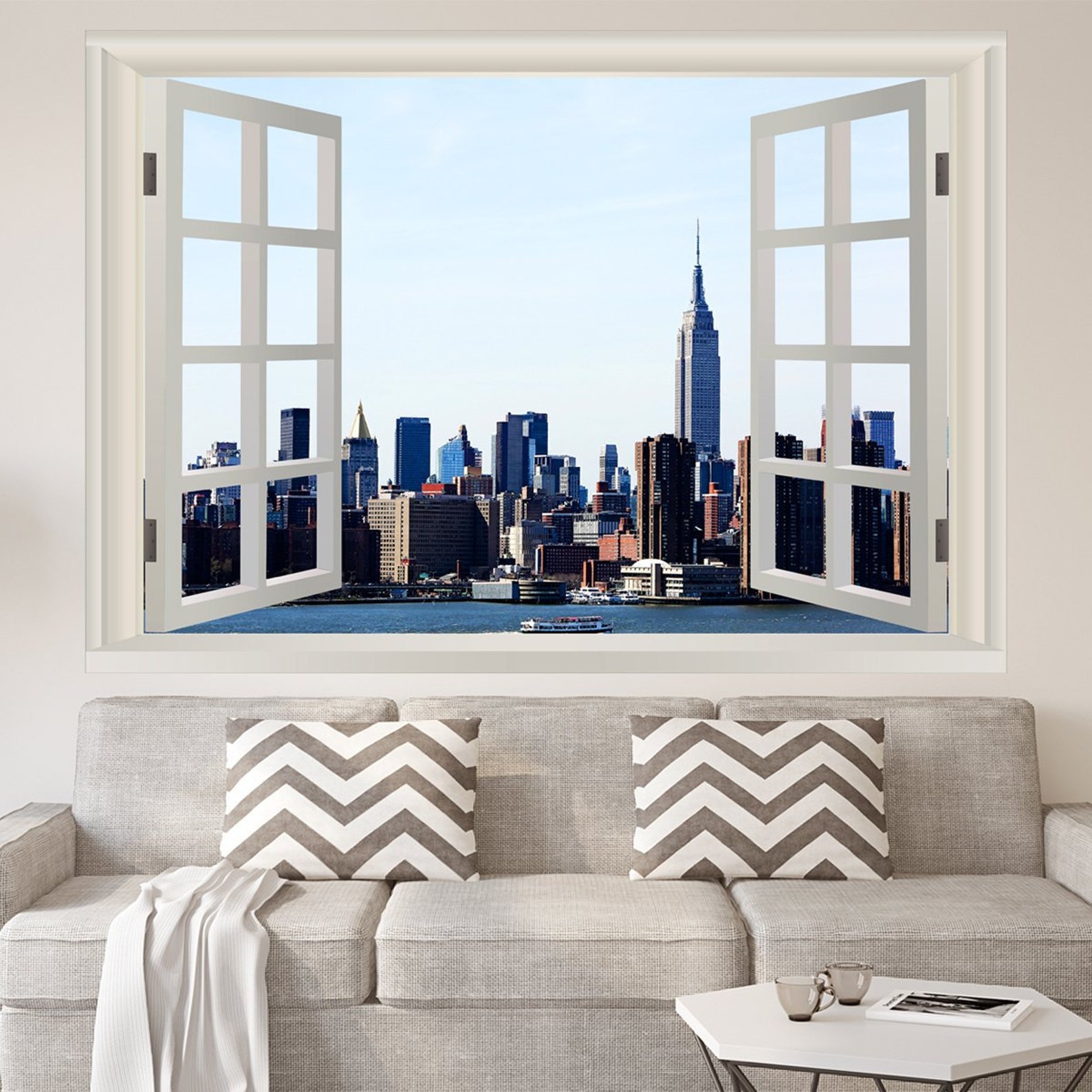 VWAQ Manhattan Window Wall Sticker - New York City Skyline Wall Decal ...
