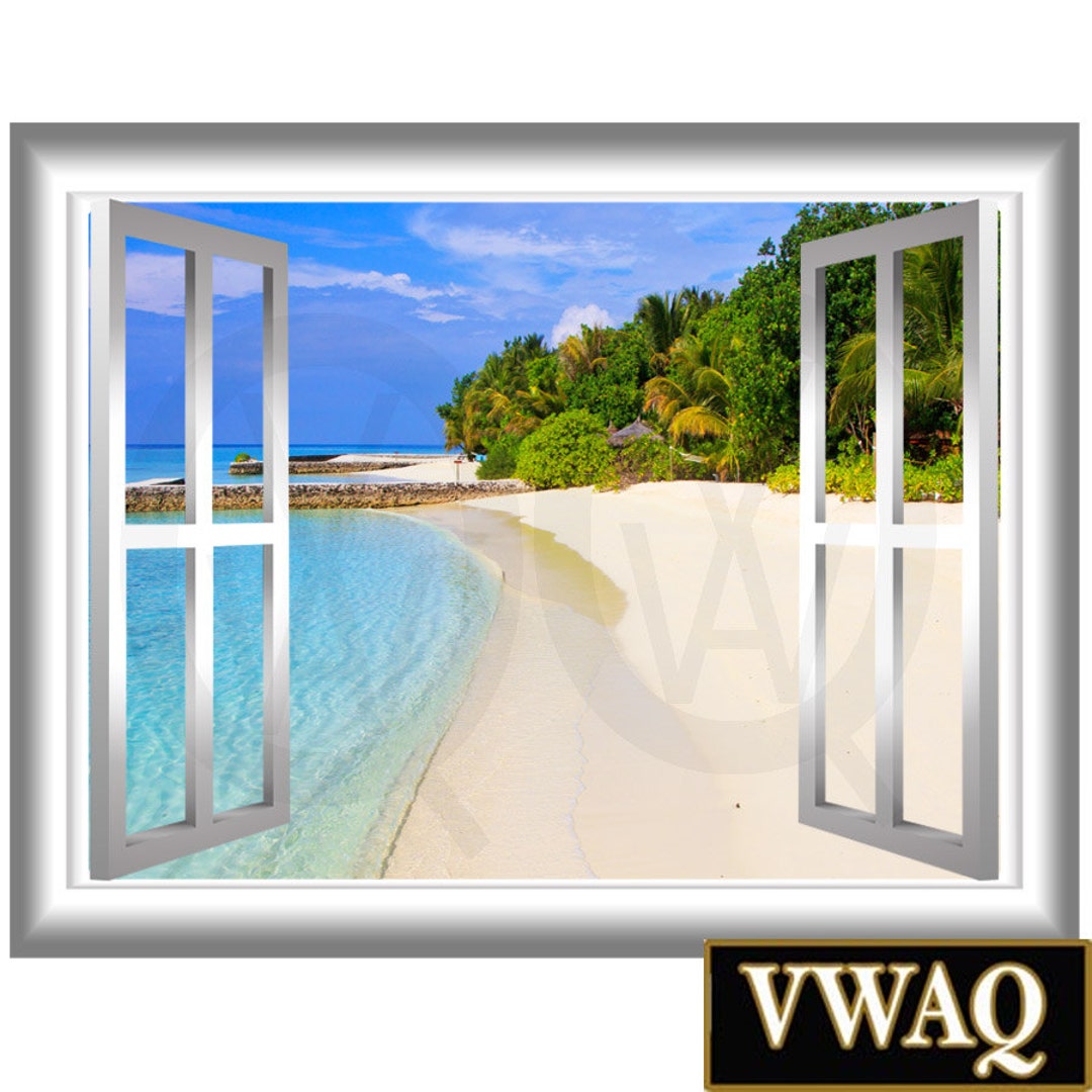 Sandy Beach 3D Window Frame Vinyl Decal Beach Scene Wall Decal Window ...