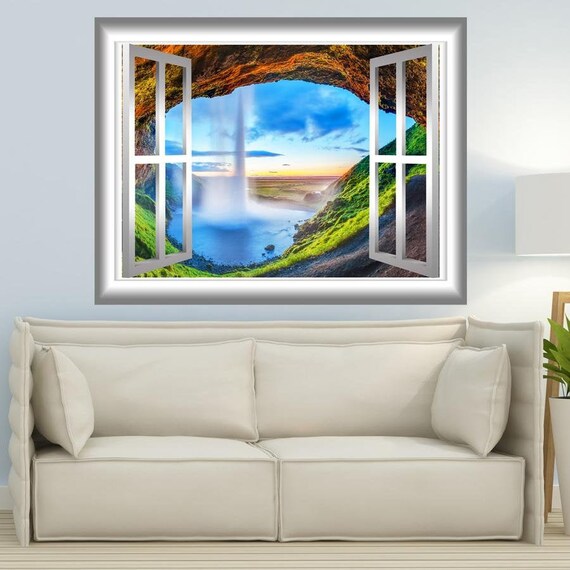 Majestic Waterfall Scene Window Frame Wall Mural Graphic Peel - Etsy