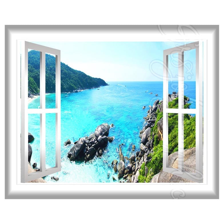 Scenic Aerial View Ocean Scene 3D Window Frame Peel and Stick Wall ...