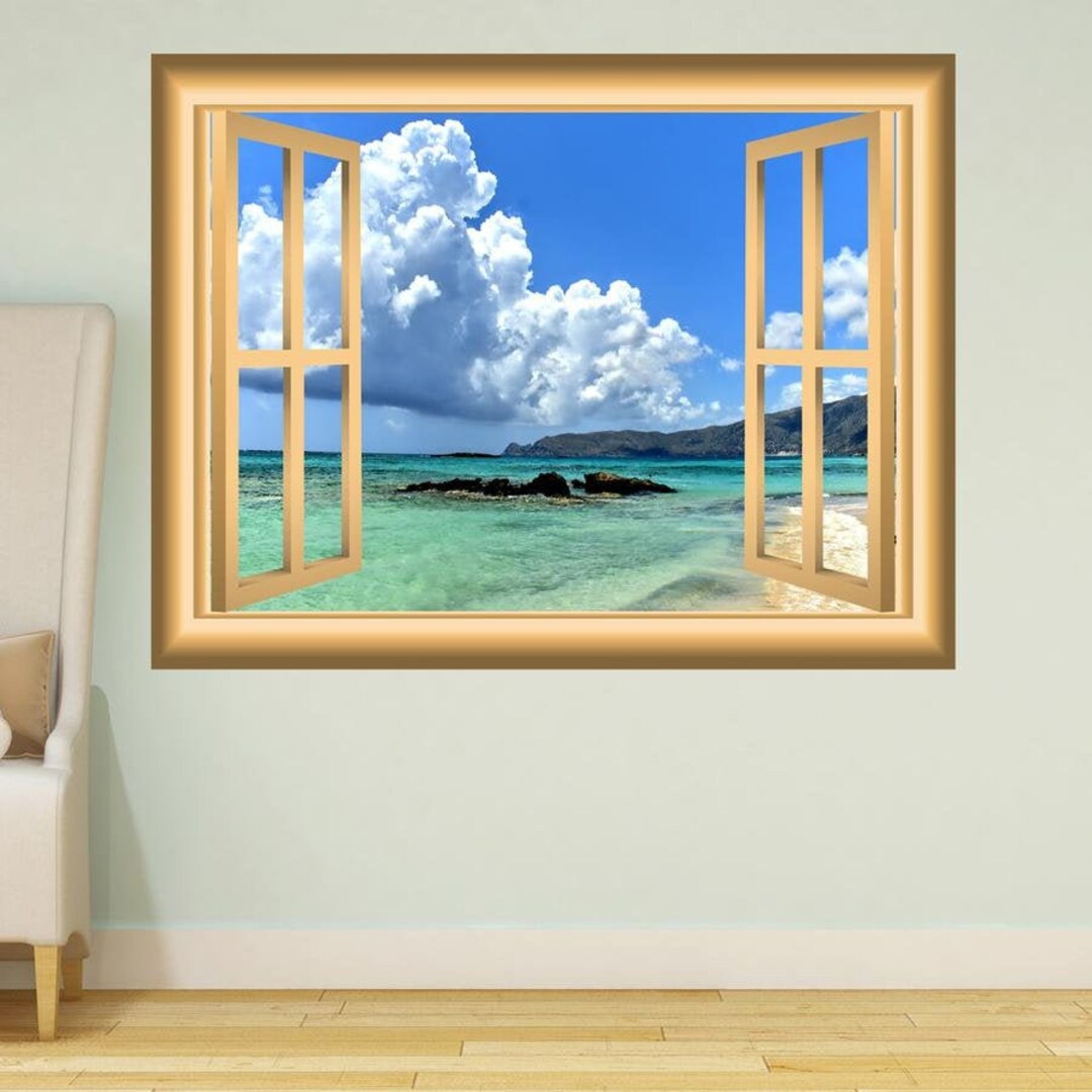 Beach Front Window Frame Sky Clouds Family Wall Decal Vinyl Wall Decal ...
