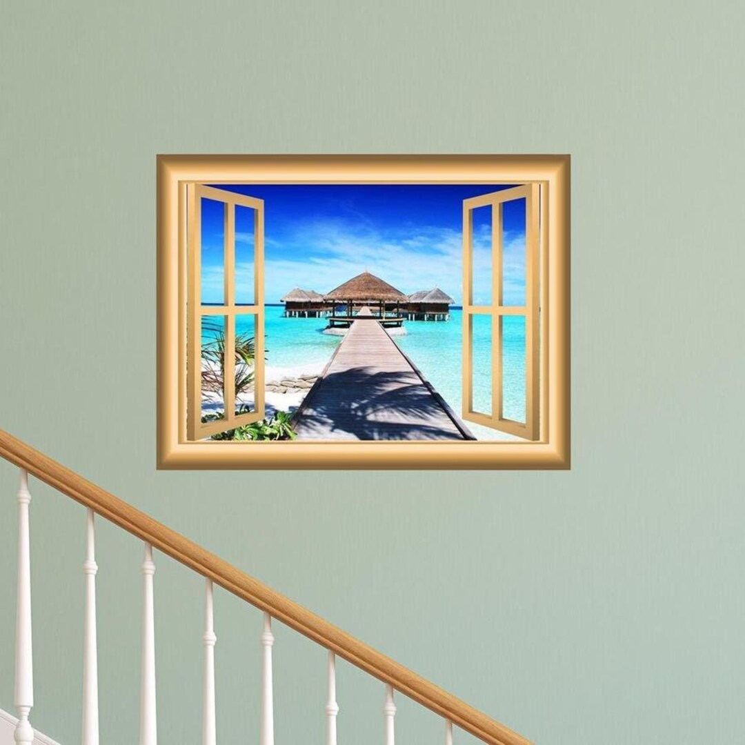 Scenic Landscape Wallpaper, Fake Window Decal, Wall Mural Art Beach ...