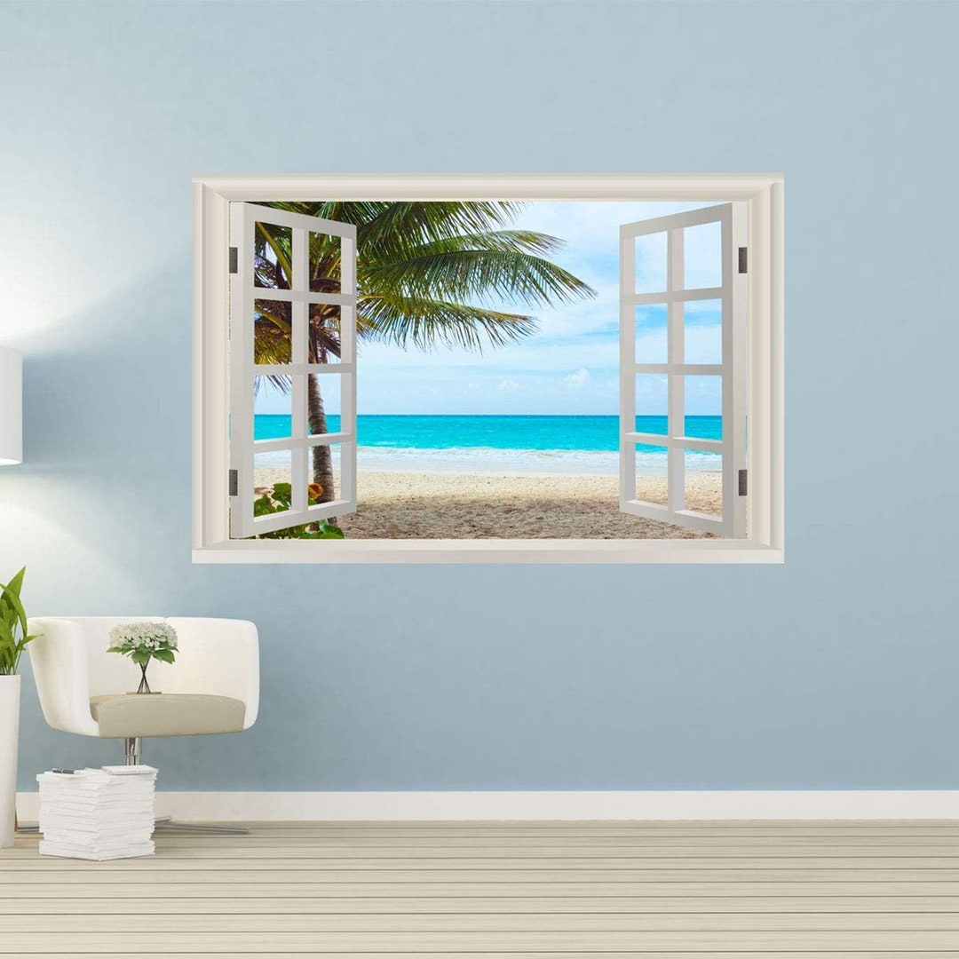 Wall Decal Beach Stickers 3D Window Wall Decal Ocean Beach Scene Palm ...