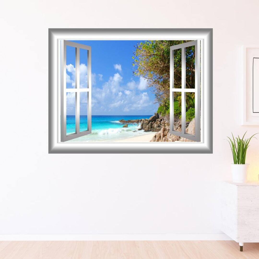 Beach Wall Decal Coastline 3D Beach Wall Mural Window Frame Vinyl Decal ...