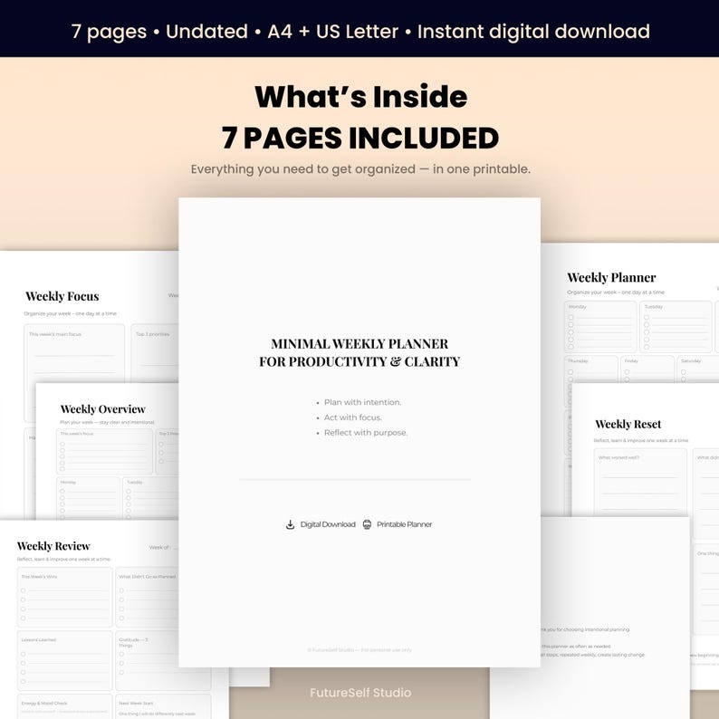Minimal Weekly Planner Printable | Undated Organizer (digital Download ...
