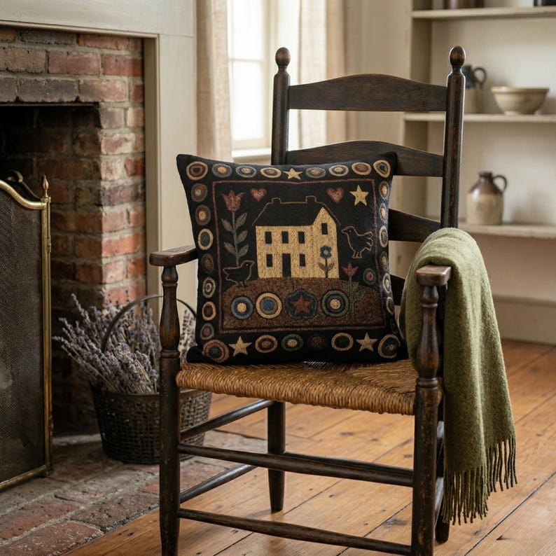Primitive Saltbox House Woven Throw Pillow, Rustic Americana Farmhouse ...