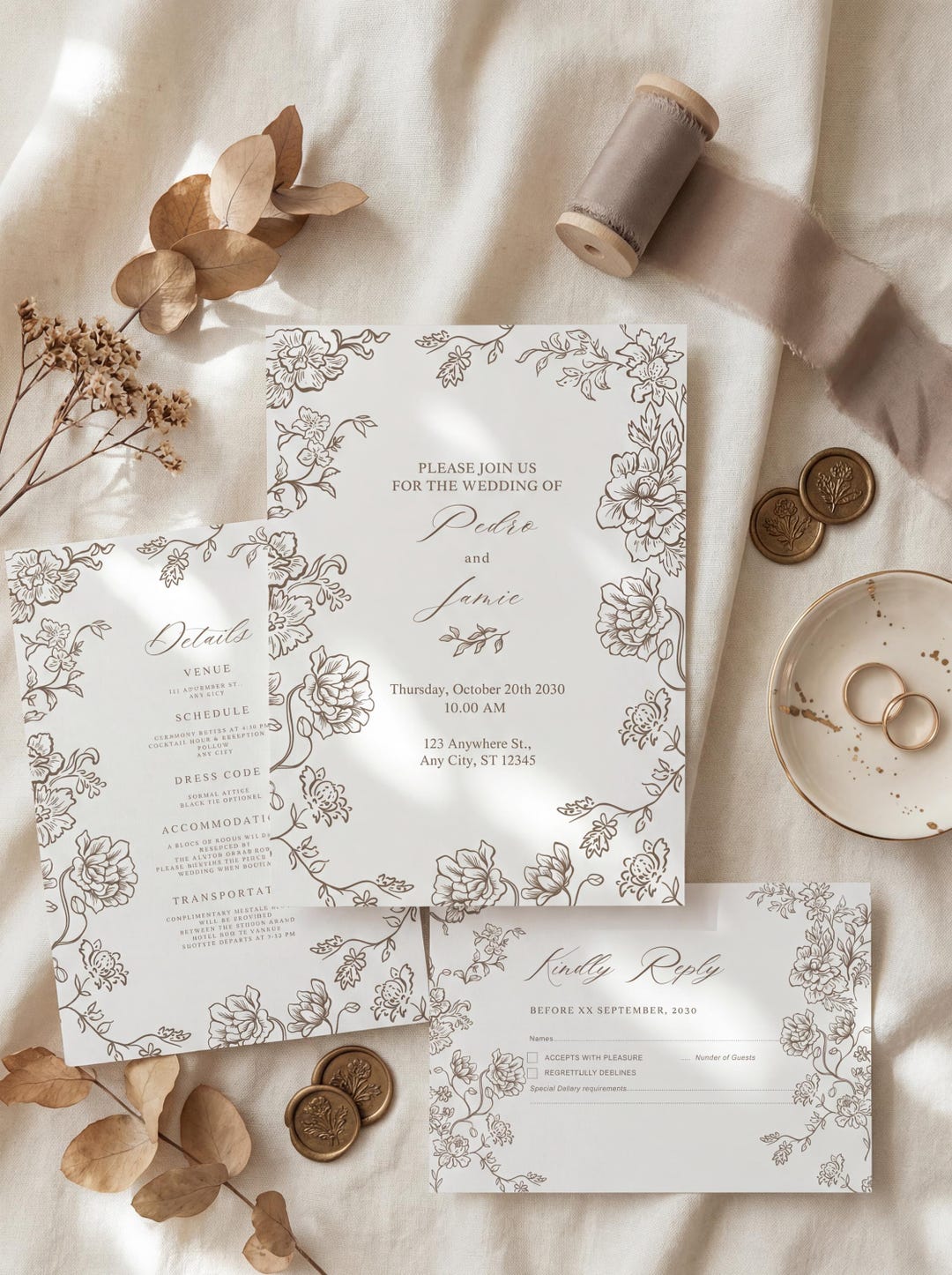 Neutral Floral Wedding Invitation Suite, Elegant Botanical Wedding ...