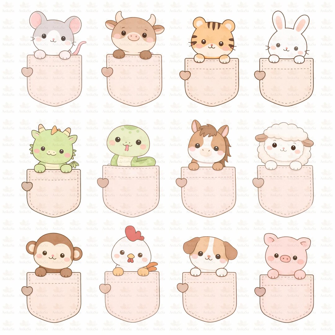 Cute Chinese Zodiac Animals Pocket Clipart | Lunar New Year Zodiac PNG ...
