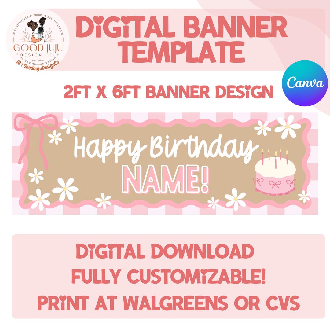 Pink Daisy Birthday Banner Design Template - Printable, Editable, 2x6 ...